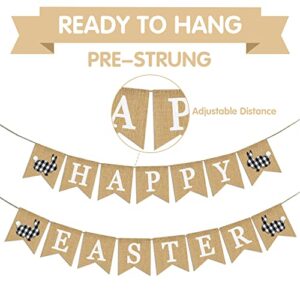 Happy Easter Burlap Banner with Buffalo Plaid Bunny - NO DIY - Rustic Farmhouse Easter Decorations - Easter Bunny Bunting Garland for Mantel Fireplace - Spring Easter Party Decoration