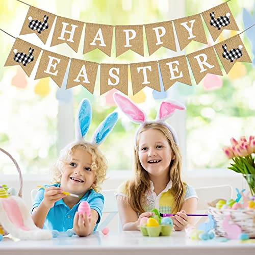 Happy Easter Burlap Banner with Buffalo Plaid Bunny - NO DIY - Rustic Farmhouse Easter Decorations - Easter Bunny Bunting Garland for Mantel Fireplace - Spring Easter Party Decoration