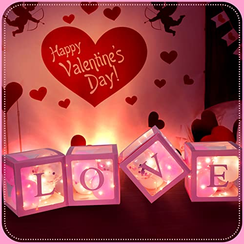 56 Pieces Valentine's Day Transparent Love Box Decorations with Balloon LED Light Letters for Valentine's Day, Wedding Party, Bridal Shower, Birthday Party Reveal Backdrop (Pink)