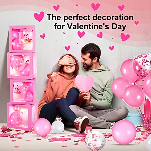 56 Pieces Valentine's Day Transparent Love Box Decorations with Balloon LED Light Letters for Valentine's Day, Wedding Party, Bridal Shower, Birthday Party Reveal Backdrop (Pink)