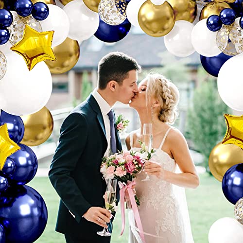 Navy Blue Gold Balloons Garland Kit, 127 pcs Navy Blue Gold White Confetti Balloons with Gold Stars for Birthday Party Baby Shower Wedding Anniversary Graduation Decorations……