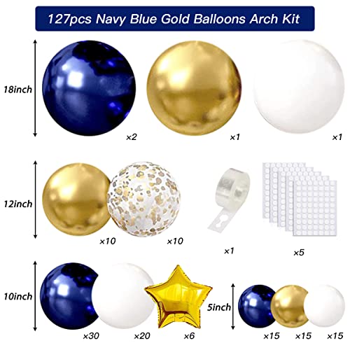 Navy Blue Gold Balloons Garland Kit, 127 pcs Navy Blue Gold White Confetti Balloons with Gold Stars for Birthday Party Baby Shower Wedding Anniversary Graduation Decorations……