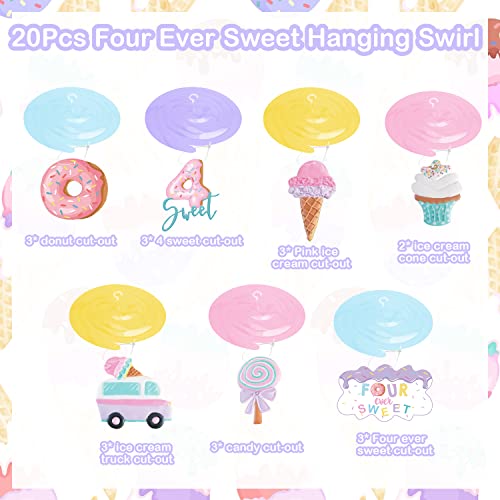 Four Ever Sweet Ice Cream Birthday Party Decorations, 20Pcs Ice Cream Party Hanging Swirl Decorations for Kid Ice Cream Fourth Birthday Party Girl Donut 4th Birthday Party Ceiling Hanging Streamers