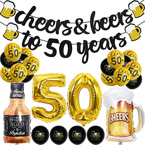 50 Year Anniversary Decorations - Cheers & Beers To 50 Years Banner Fifty Sign Latex Balloon 32 inch "50" Gold Balloon 35 inch Cheers Beers Cups Foil Balloons for 50th Birthday Wedding Party Supplies