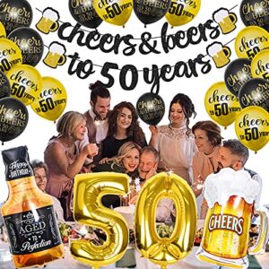 50 Year Anniversary Decorations - Cheers & Beers To 50 Years Banner Fifty Sign Latex Balloon 32 inch "50" Gold Balloon 35 inch Cheers Beers Cups Foil Balloons for 50th Birthday Wedding Party Supplies