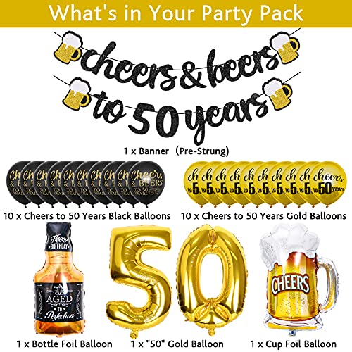 50 Year Anniversary Decorations - Cheers & Beers To 50 Years Banner Fifty Sign Latex Balloon 32 inch "50" Gold Balloon 35 inch Cheers Beers Cups Foil Balloons for 50th Birthday Wedding Party Supplies