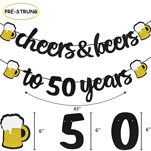 50 Year Anniversary Decorations - Cheers & Beers To 50 Years Banner Fifty Sign Latex Balloon 32 inch "50" Gold Balloon 35 inch Cheers Beers Cups Foil Balloons for 50th Birthday Wedding Party Supplies