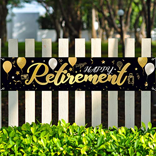 Happy Retirement Banner Horizontal Large Happy Retirement Sign Banner Fabric Retirement Yard Sign Backdrop Background Black Gold Retirement Banner for Retirement Party Photo Booth, 72.8 x 15.7 Inch