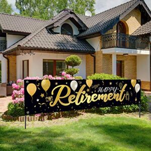 Happy Retirement Banner Horizontal Large Happy Retirement Sign Banner Fabric Retirement Yard Sign Backdrop Background Black Gold Retirement Banner for Retirement Party Photo Booth, 72.8 x 15.7 Inch