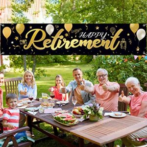 Happy Retirement Banner Horizontal Large Happy Retirement Sign Banner Fabric Retirement Yard Sign Backdrop Background Black Gold Retirement Banner for Retirement Party Photo Booth, 72.8 x 15.7 Inch