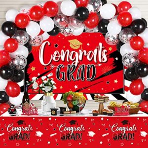 53 pcs graduation decorations 2023 congrats grad backdrop banner graduation tablecloth congrats latex balloons with ribbons for university high school graduation party supplies (red and black)