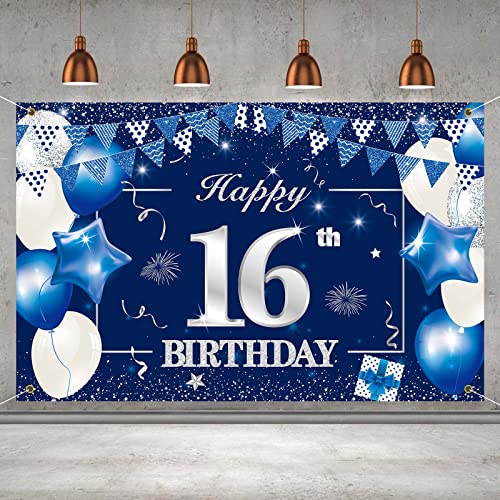 P.G Collin Happy 16th Birthday Banner Backdrop Sign Background, 16 Birthday Party Decorations Supplies for Boys Girls 6 x 4ft Blue Silver