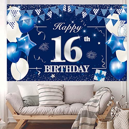 P.G Collin Happy 16th Birthday Banner Backdrop Sign Background, 16 Birthday Party Decorations Supplies for Boys Girls 6 x 4ft Blue Silver