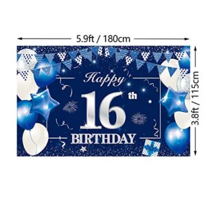 P.G Collin Happy 16th Birthday Banner Backdrop Sign Background, 16 Birthday Party Decorations Supplies for Boys Girls 6 x 4ft Blue Silver