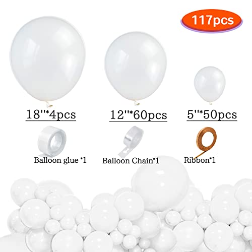 117Pcs White Balloons Different Sizes, 5 12 18 Inch White Balloon Garland Kit Thickened Latex, White Balloon Arch Kit for Kid's Birthday Wedding Party Supplies.