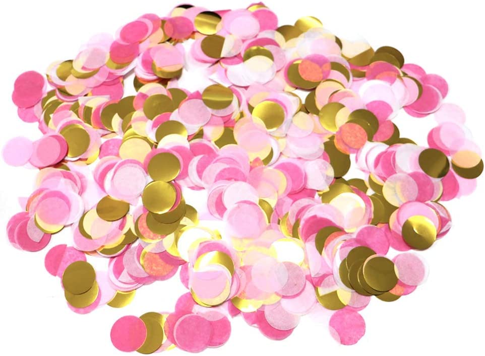 QOOLBUY Round Paper Table Confetti Dots,Paper Confetti Circles,Party Glitter Confetti for Wedding Bridal Birthday Party Decoration 1 Inch (1.76 OZ)-Pink&Gold Confetti