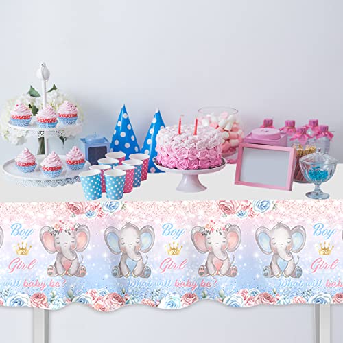 CMUSKO 3Pcs Gender Reveal Tablecloths-Elephant Theme Pink and Blue Plastic Table Cover Boy or Girl Elephant Baby Reveal Decorations