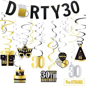 wojogo 30th birthday decorations banner & hanging swirls for women men, sturdy black & gold glitter beer banner, happy 30th dirty birthday decorations for him her, 30 years old birthday party supplies