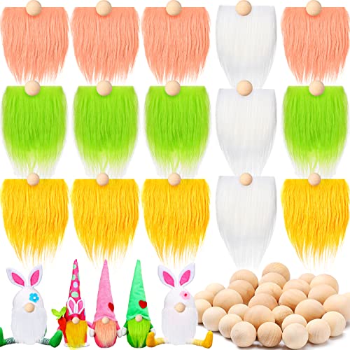 15 Pcs Gnome Beards for Crafting Easter Day Faux Fur Fabric Precut Gnomes Beards Handmade 30 Pieces Wood Balls for Halloween Christmas Valentine's Day Independence Day (Yellow, Pink, Green, White)