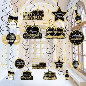 luxiocio 30pcs happy wedding anniversary hanging swirls decorations, black gold anniversary theme hanging sign party supplies, 10th 20th 25th 30th 40th 50th 60th anniversary party ceiling decor