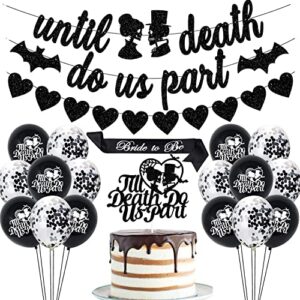 black glitter till death do us part banner black glitter heart-shaped garland cake topper latex balloons halloween wedding party decorations halloween bachelorette bridal shower decorations halloween engagement party supplies