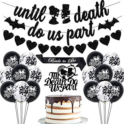 Black Glitter Till Death Do Us Part Banner Black Glitter Heart-Shaped Garland Cake Topper Latex Balloons Halloween Wedding Party Decorations Halloween Bachelorette Bridal Shower Decorations Halloween Engagement Party Supplies