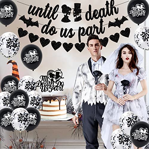 Black Glitter Till Death Do Us Part Banner Black Glitter Heart-Shaped Garland Cake Topper Latex Balloons Halloween Wedding Party Decorations Halloween Bachelorette Bridal Shower Decorations Halloween Engagement Party Supplies