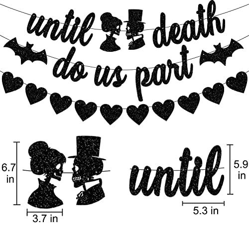 Black Glitter Till Death Do Us Part Banner Black Glitter Heart-Shaped Garland Cake Topper Latex Balloons Halloween Wedding Party Decorations Halloween Bachelorette Bridal Shower Decorations Halloween Engagement Party Supplies