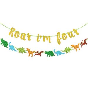 Roar I'm Four Banner Dinosaur Garland for Kids' 4th Dinosaur Birthday Party Decorations