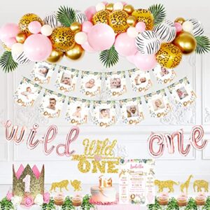 wild one birthday decorations for girl, 1st birthday girl decorations supplies kit, wild one monthly photo banner, boho floral wild one balloon garland, 1st birthday crown, cake toppers, birthday sign