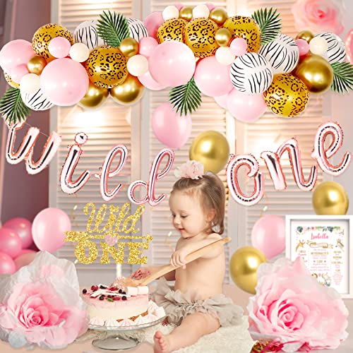 Wild One Birthday Decorations for Girl, 1st Birthday Girl Decorations Supplies Kit, Wild One Monthly Photo Banner, Boho Floral Wild One Balloon Garland, 1st Birthday Crown, Cake Toppers, Birthday Sign