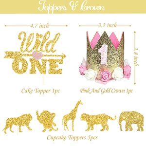 Wild One Birthday Decorations for Girl, 1st Birthday Girl Decorations Supplies Kit, Wild One Monthly Photo Banner, Boho Floral Wild One Balloon Garland, 1st Birthday Crown, Cake Toppers, Birthday Sign