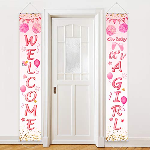 Baby Shower Decorations Welcome It's a Girl Banner Backdrop Background Door Hanging Porch Sign for Baby Shower Party Supplies, 71 x 12 Inch