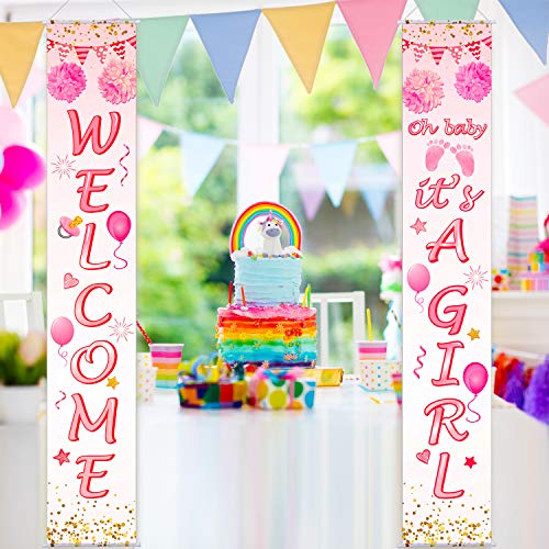 Baby Shower Decorations Welcome It's a Girl Banner Backdrop Background Door Hanging Porch Sign for Baby Shower Party Supplies, 71 x 12 Inch