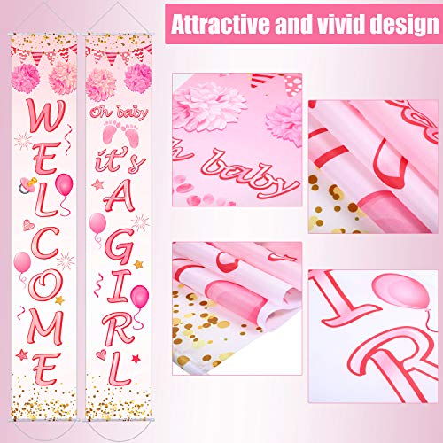 Baby Shower Decorations Welcome It's a Girl Banner Backdrop Background Door Hanging Porch Sign for Baby Shower Party Supplies, 71 x 12 Inch