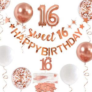 rose gold sweet 16 happy birthday banner garland for sweet 16 decorations hanging sweet 16 signs foil balloon 16 for girls 16th happy birthday party banner for sweet sixteen party decor supplies