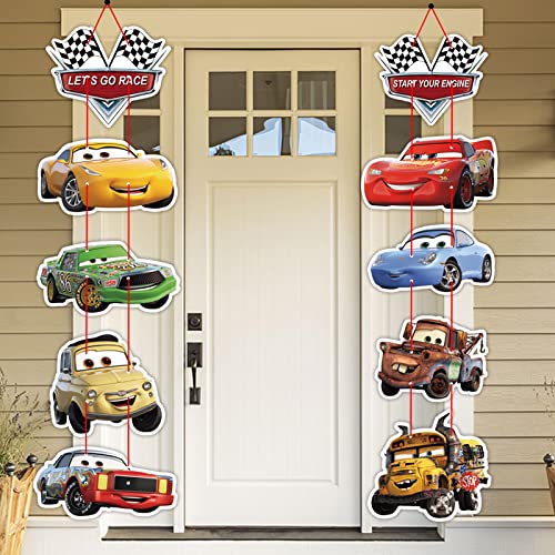 Lnkdeya Cars Lightning McQueen Porch Sign Cutouts Room Wall Door Decor Race Car Birthday Party Garden Outdoor Indoor Decorations Hanging Cards