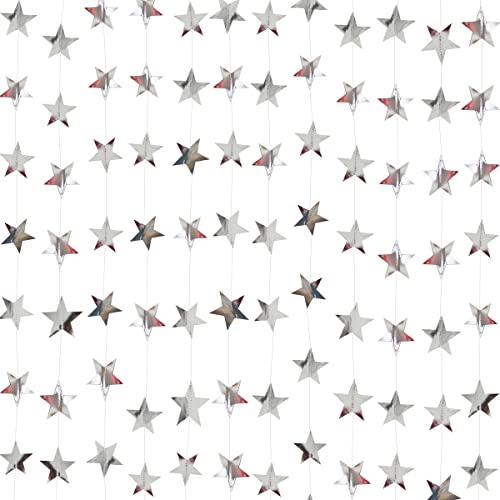 Silver Star Garland Banner Decorations - 156 Feet Bright Silver Paper Garland Hanging Decorations, Glitter Silver Star Bunting Banner for Wedding, Birthday, Holiday, Christmas Party