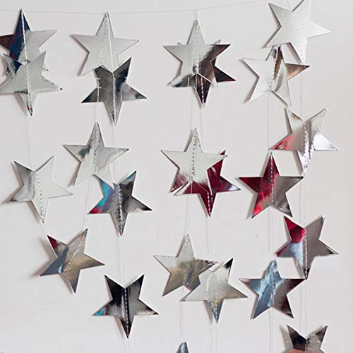 Silver Star Garland Banner Decorations - 156 Feet Bright Silver Paper Garland Hanging Decorations, Glitter Silver Star Bunting Banner for Wedding, Birthday, Holiday, Christmas Party