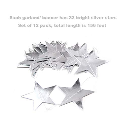 Silver Star Garland Banner Decorations - 156 Feet Bright Silver Paper Garland Hanging Decorations, Glitter Silver Star Bunting Banner for Wedding, Birthday, Holiday, Christmas Party