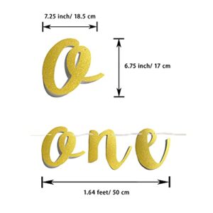 Gold 1st Birthday Banner, Glitter Number One Highchair Sign with Silk Ribbon, One Year Bday Party Decor for Girls and Boys, Baby Shower Photo Booth Props, First Birthday and Anniversary Party Cake Decorations