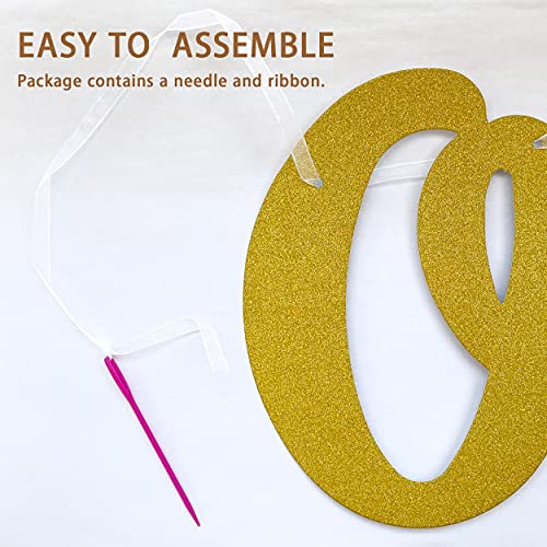 Gold 1st Birthday Banner, Glitter Number One Highchair Sign with Silk Ribbon, One Year Bday Party Decor for Girls and Boys, Baby Shower Photo Booth Props, First Birthday and Anniversary Party Cake Decorations