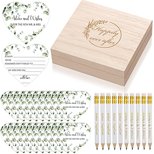 Wedding Card Boxes for Reception 50 Pcs Wedding Advice Cards for Bridal Shower and 10 Pcs Pencils Gift Wooden Wedding Memory Box Rustic Wedding Card Holder Box Advice and Wishes for Mr and Mrs