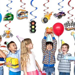 36Pcs Hot Race Car Party Hanging Swirls Decorations, Checkered Flags Racing Themed Foil Ceiling Swirl Whirl for Kids Boys Men Race Fans Birthday Party Supplies