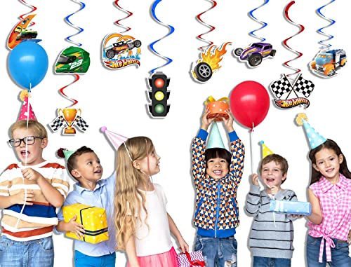 36Pcs Hot Race Car Party Hanging Swirls Decorations, Checkered Flags Racing Themed Foil Ceiling Swirl Whirl for Kids Boys Men Race Fans Birthday Party Supplies