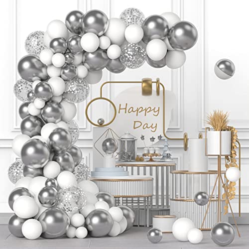 White and Silver Balloon Garland Arch Kit - 120Pcs 12In 10In 5In White Silver Metallic Confetti Latex Balloons for Graduation Birthday Baby Shower Wedding Father's Day Party Decorations