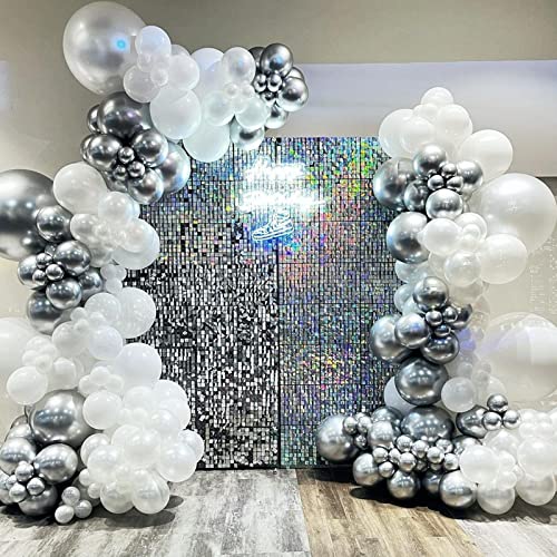 White and Silver Balloon Garland Arch Kit - 120Pcs 12In 10In 5In White Silver Metallic Confetti Latex Balloons for Graduation Birthday Baby Shower Wedding Father's Day Party Decorations