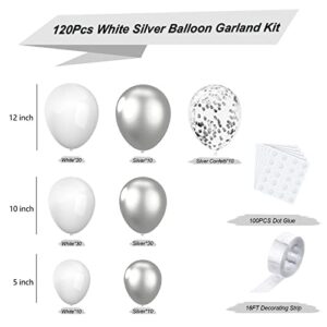 White and Silver Balloon Garland Arch Kit - 120Pcs 12In 10In 5In White Silver Metallic Confetti Latex Balloons for Graduation Birthday Baby Shower Wedding Father's Day Party Decorations