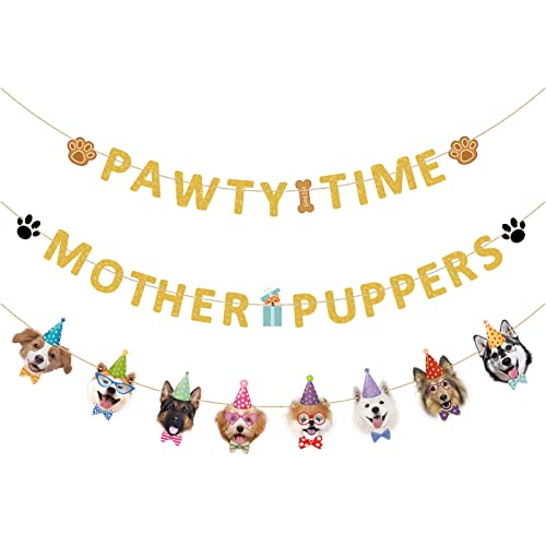 3 Pieces Let's Pawty Banner Dog Birthday Party Supplies Gold Glitter Mother Puppers Pawty Time Dog Banners for Dog Birthday Party Decorations