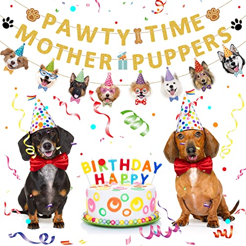 3 Pieces Let's Pawty Banner Dog Birthday Party Supplies Gold Glitter Mother Puppers Pawty Time Dog Banners for Dog Birthday Party Decorations